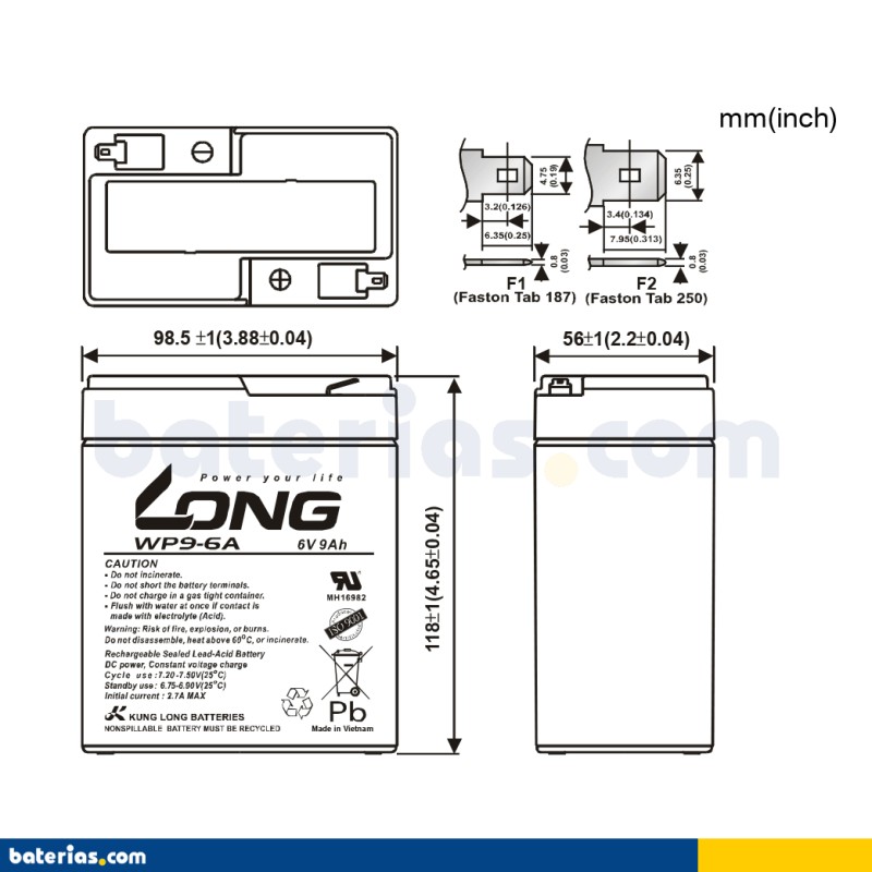 Long WP9-6A. Gerätebatterie Long 9Ah 6V