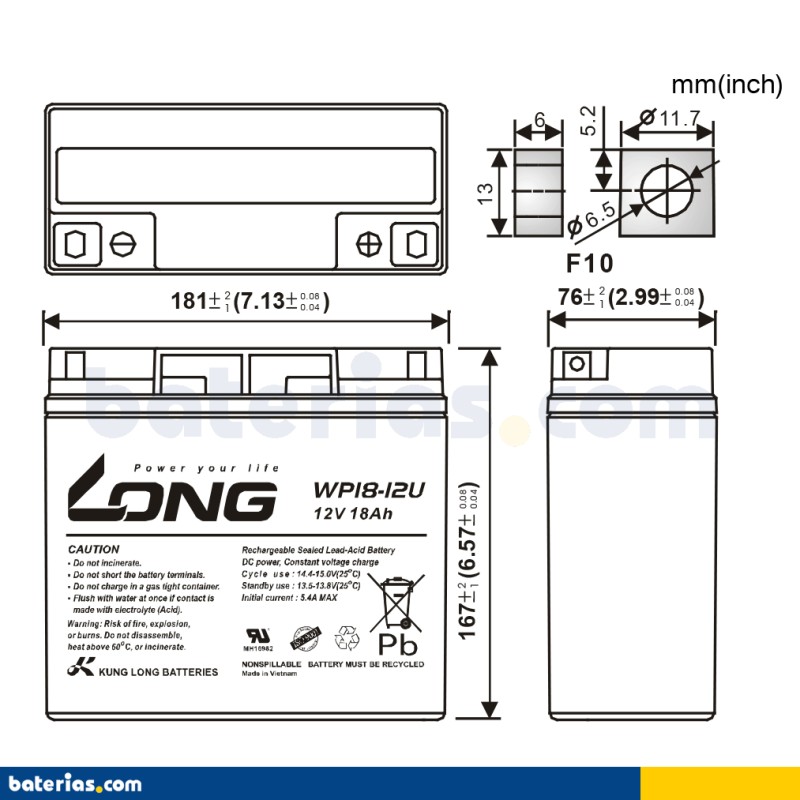 Long WP18-12U. Wheelchair battery Long 18Ah 12V