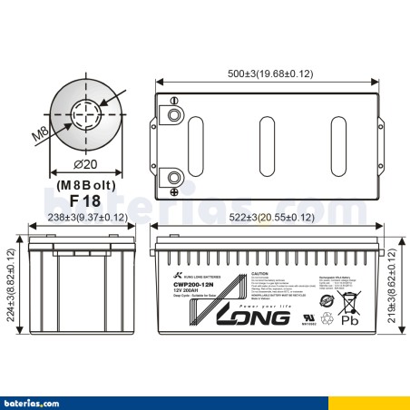 Long CWP200-12N. Battery for solar application Long 200Ah 12V