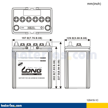 Car battery Long 36B20L 12V 40Ah | baterias.com