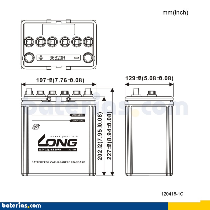 Long 36B20R(S). Car battery Long 40Ah 12V