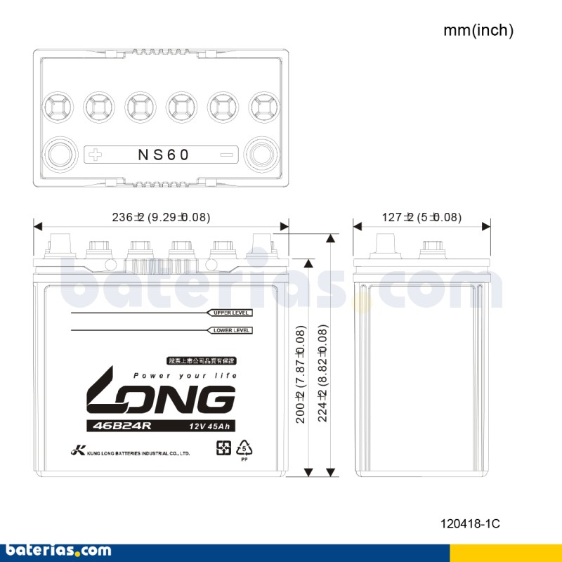 Long 46B24R. Car battery Long 45Ah 12V